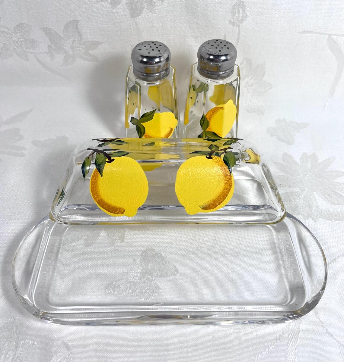 Hand-painted Lemon Butter Dish & Salt and Pepper Shakers Set | Italian ...