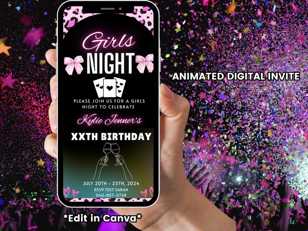 Girls Night Birthday Invitation: 3D Pink Bow, Animated Digital Invite ...