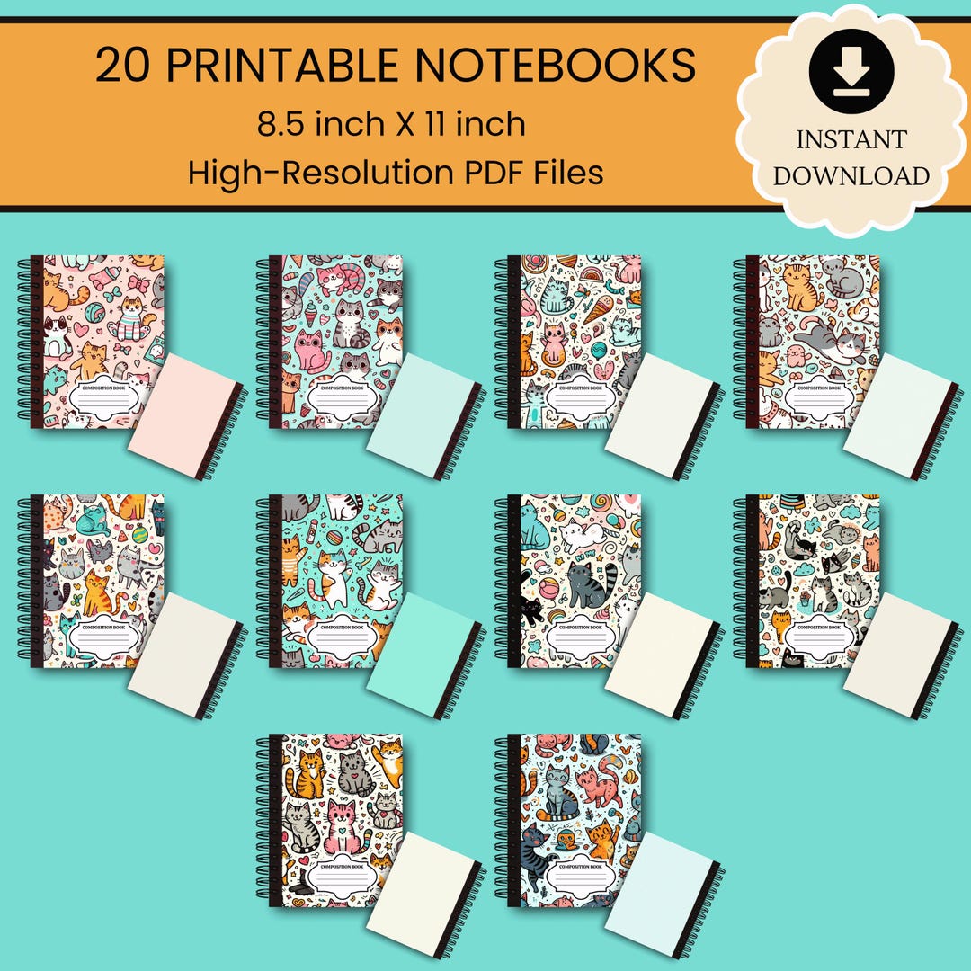 20 Cute Kawaii Doodle Cat Printable Notebooks - Digital Sketch Journal ...