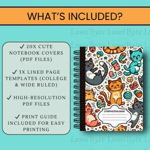 20 Cute Kawaii Doodle Cat Printable Notebooks - Digital Sketch Journal ...