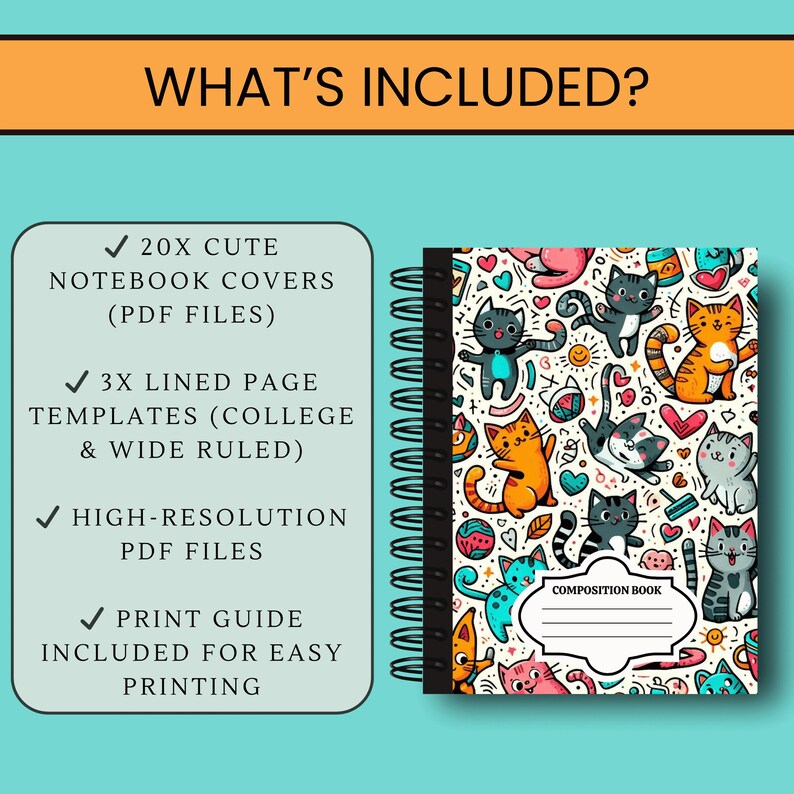 20 Cute Kawaii Doodle Cat Printable Notebooks - Digital Sketch Journal ...