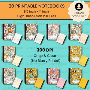 20 Cute Kawaii Doodle Cat Printable Notebooks - Digital Sketch Journal ...