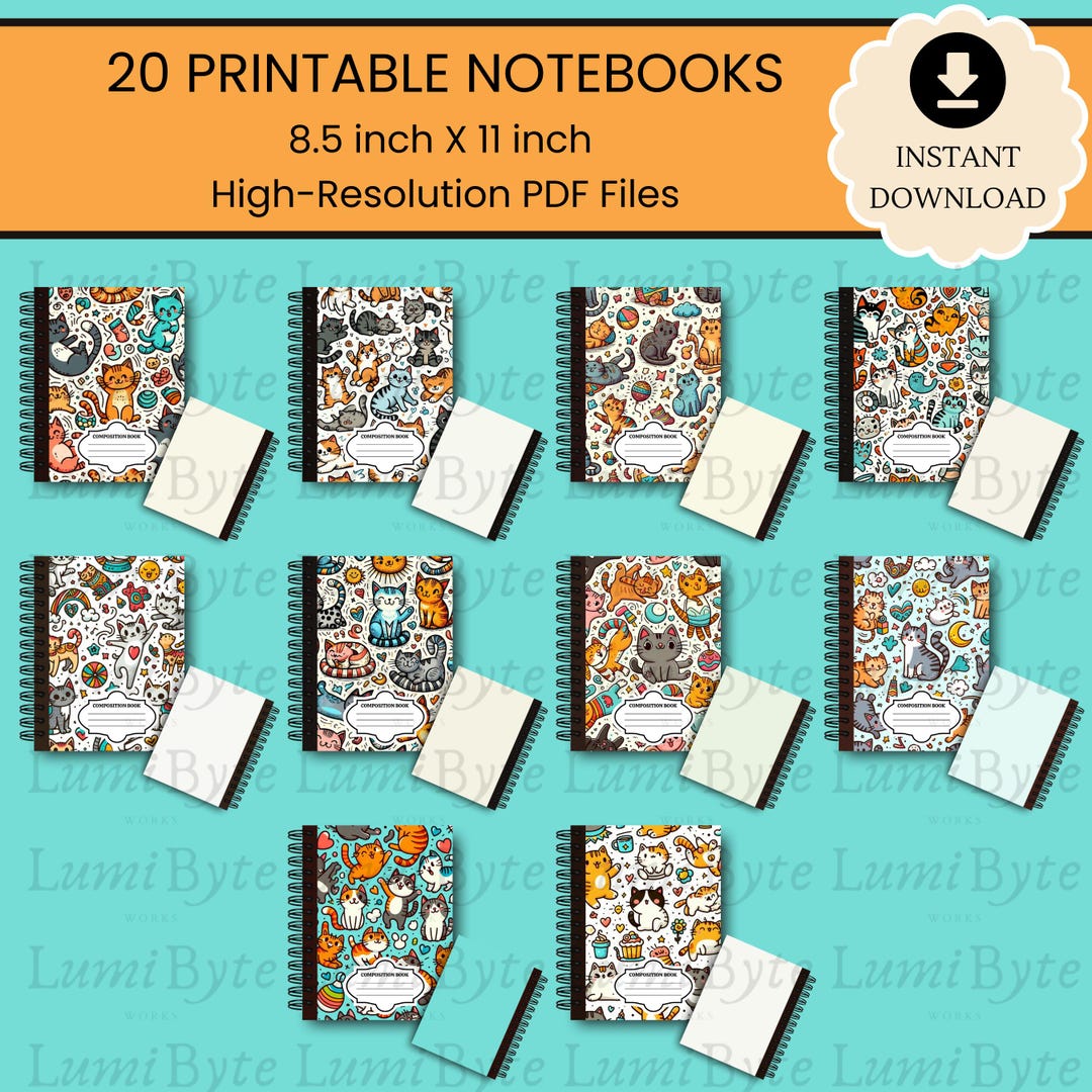 20 Cute Kawaii Doodle Cat Printable Notebooks - Digital Sketch Journal ...