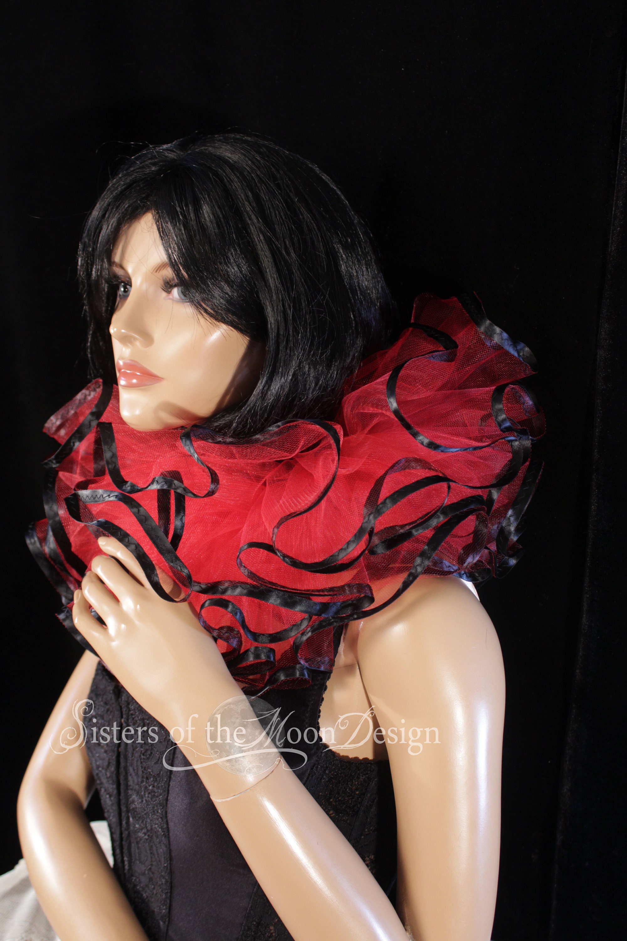 Red Black Tulle Neck Collar, Neck Cuff, Clown Collar, Ribbon Trimed ...