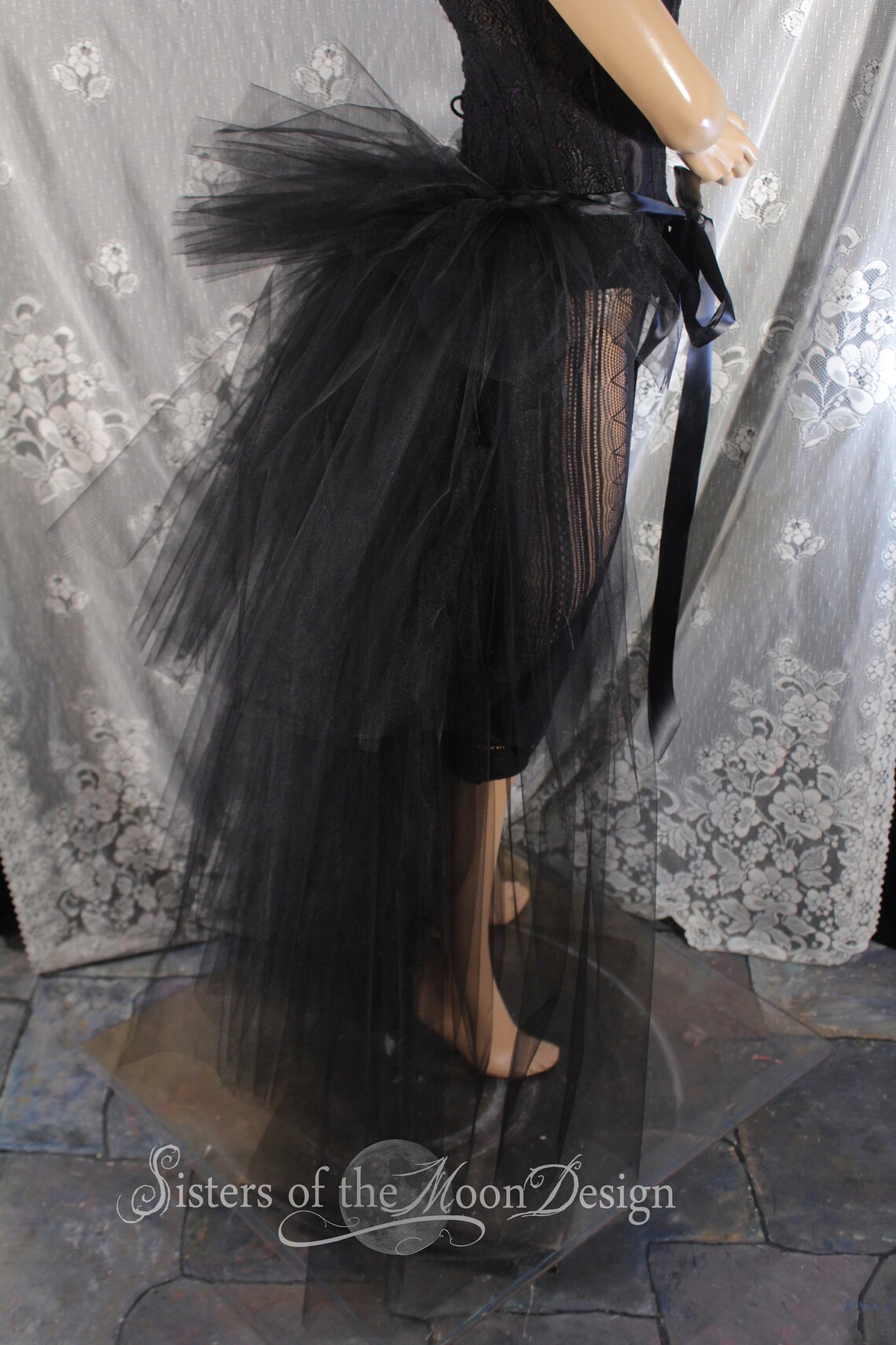 Black Burlesque Tulle Bustle Half Skirt Ribbon Belt Tie on | Etsy