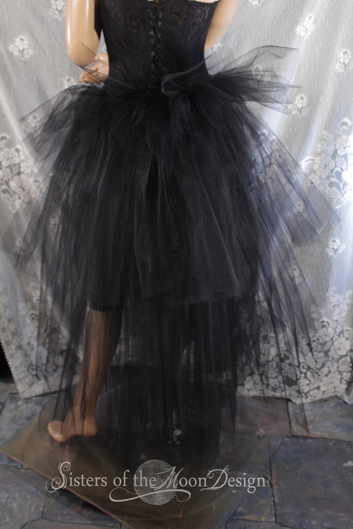 Black Burlesque Tulle Bustle Half Skirt Ribbon Belt Tie on | Etsy