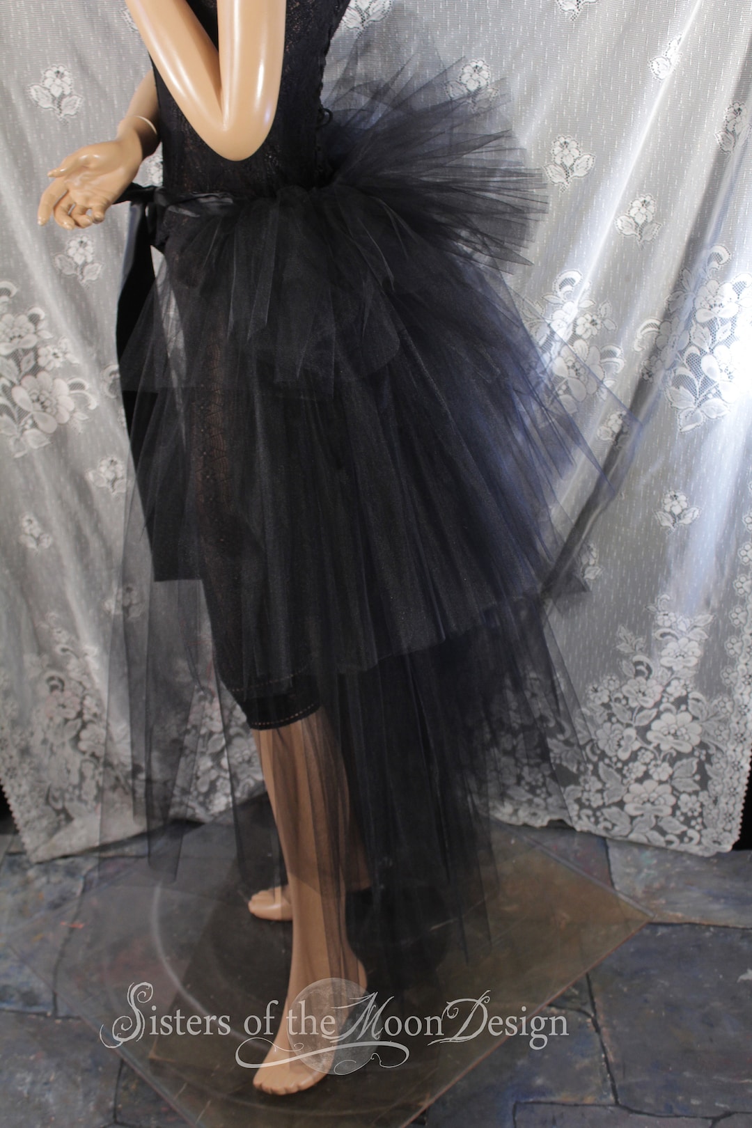 Black Burlesque Tulle Bustle Half Skirt Ribbon Belt Tie on Halloween ...