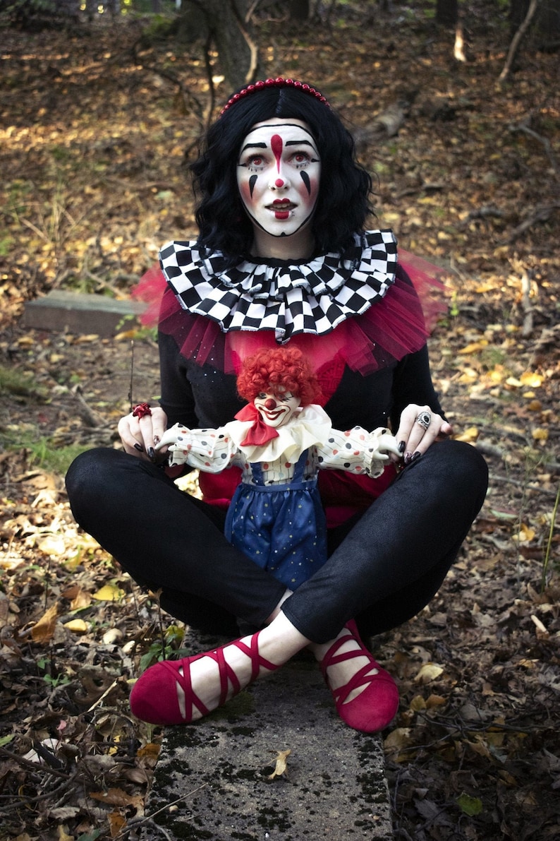 Checkered Clown Neck Collar Three Layer Ruff Red Black White Neck Cuff ...