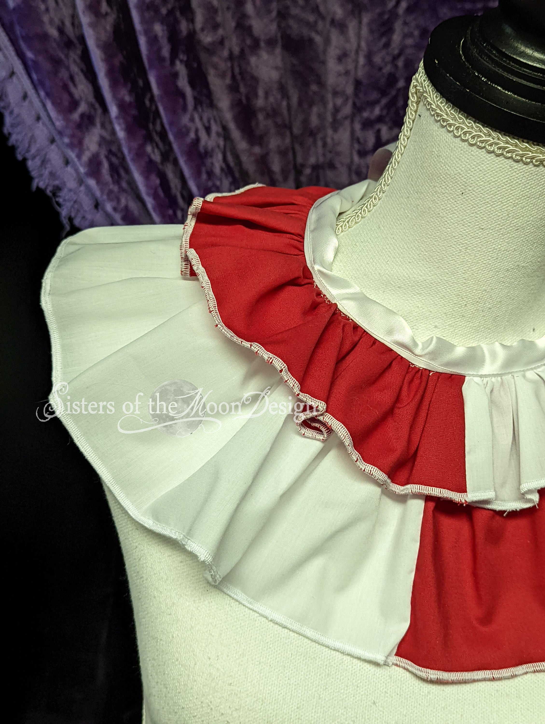 White Red Harlequin Clown Neck Collar Neck Ruff Ruffle Two Tone Ribbon ...