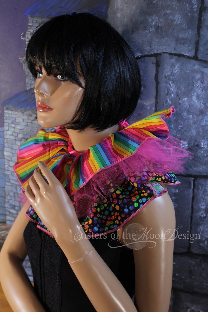 Pink Rainbow Neck Collar Three Tier Clown Ruffle Checkered & Polka-dot ...