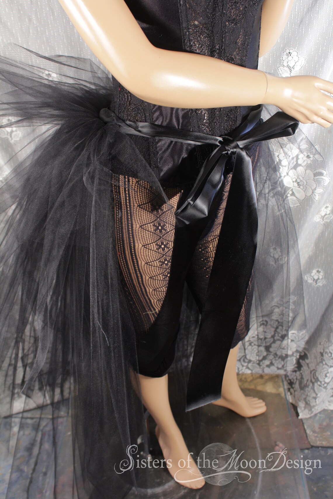 Black Burlesque Tulle Bustle Half Skirt Ribbon Belt Tie on Halloween ...