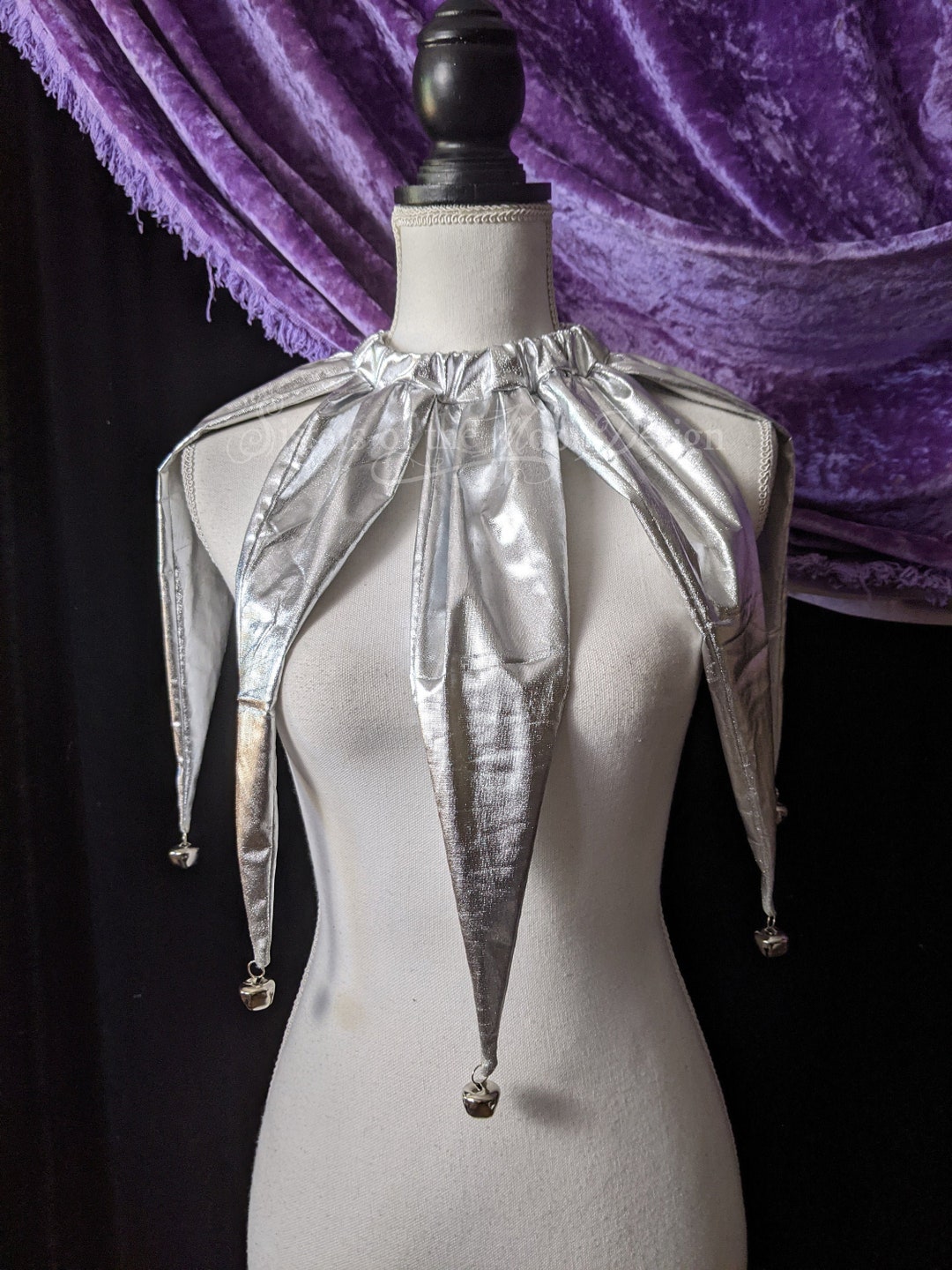 Silver Jester Collar Pointed Jingle Bell Clown Neck Piece Elastic Neck ...