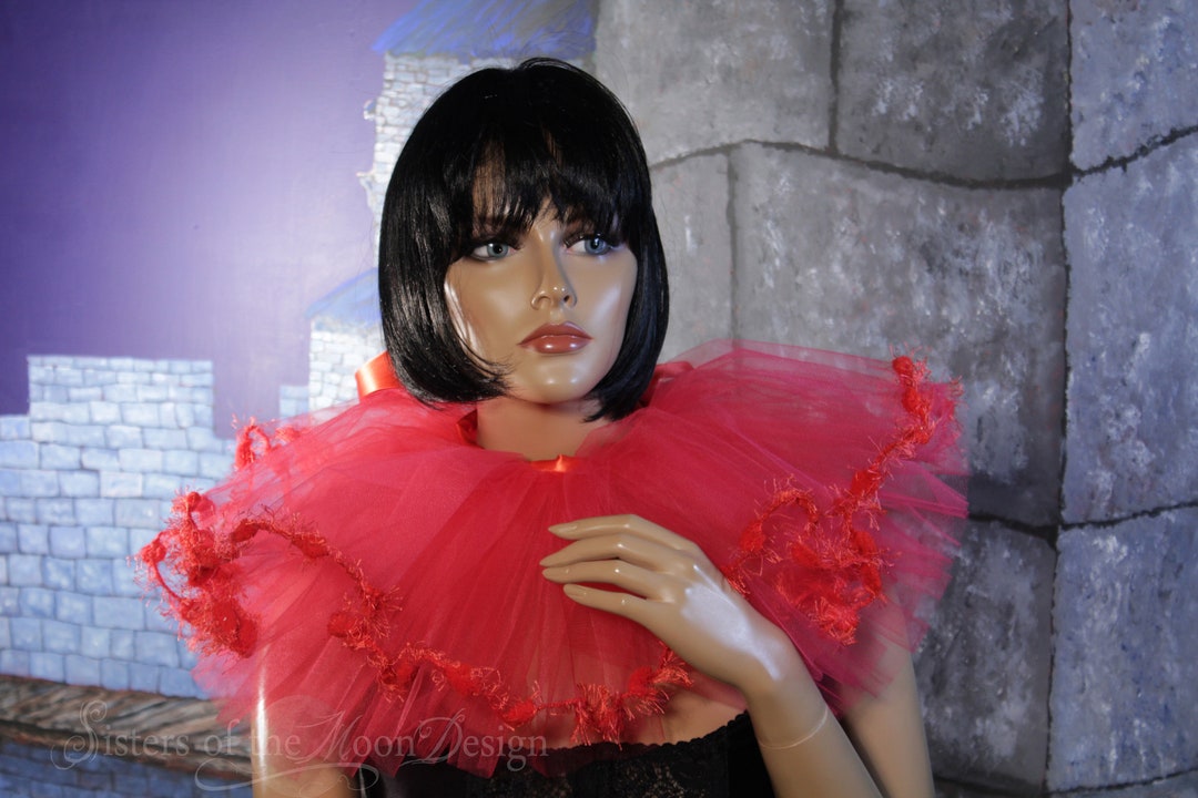 Large Red Tulle Neck Collar Cuff Ruffle Clown Jester Ruff Trimmed ...