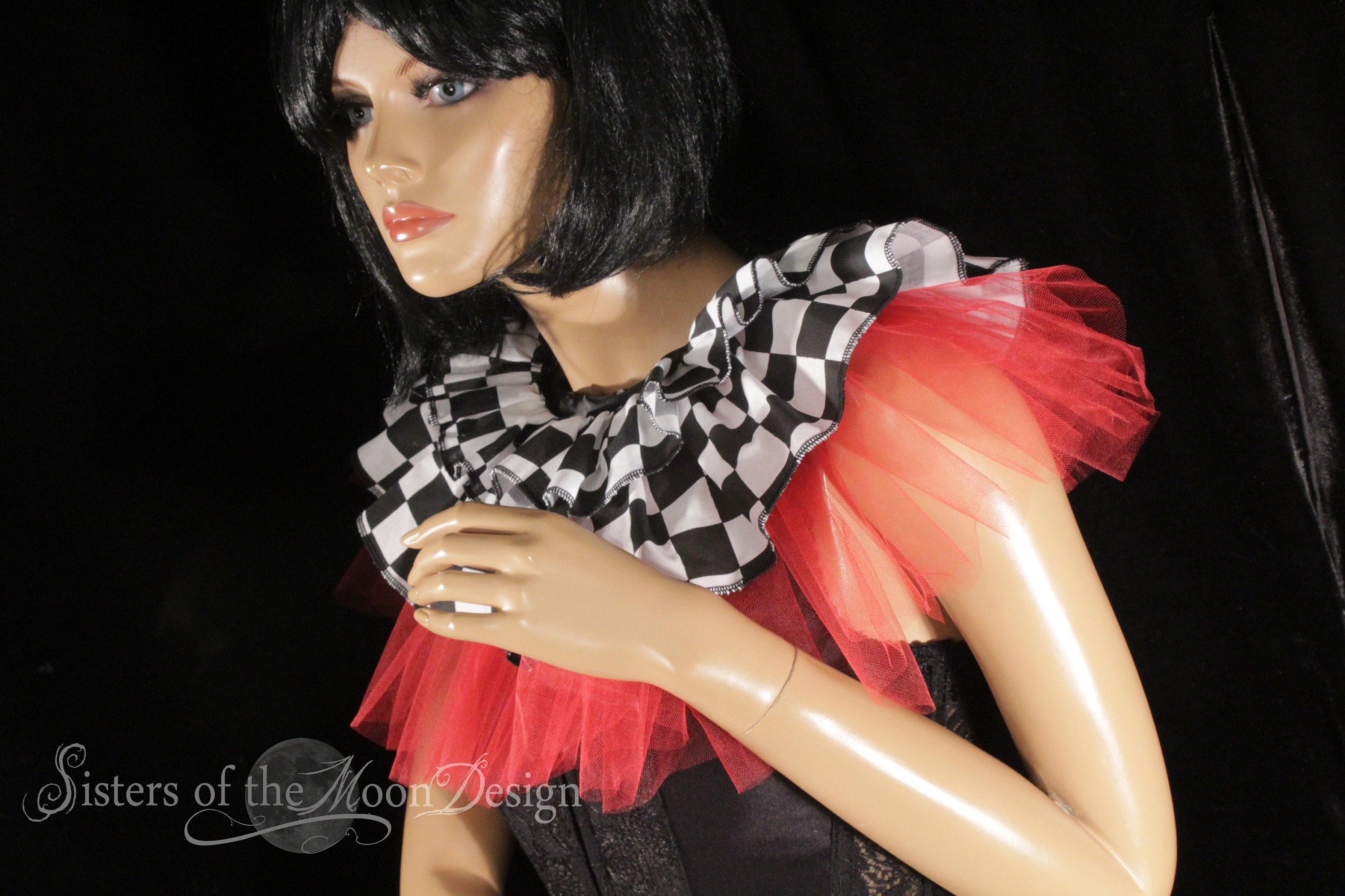 Checkered Clown Neck Collar Three Layer Ruff Red Black White Neck Cuff ...