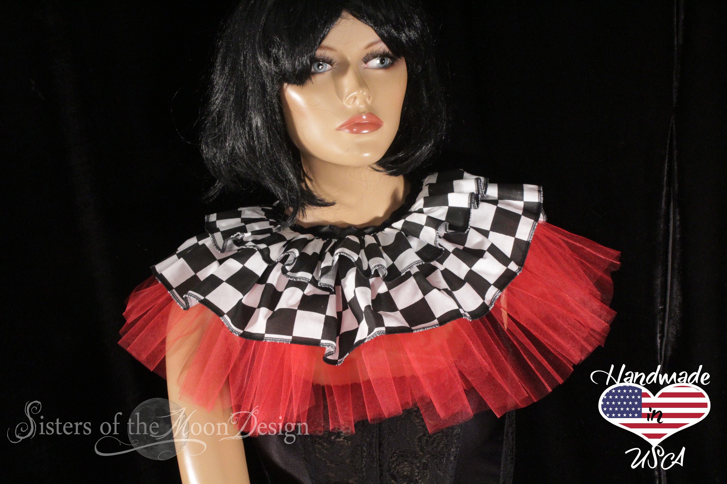 Checkered Clown Neck Collar Three Layer Ruff Red Black White Neck Cuff ...