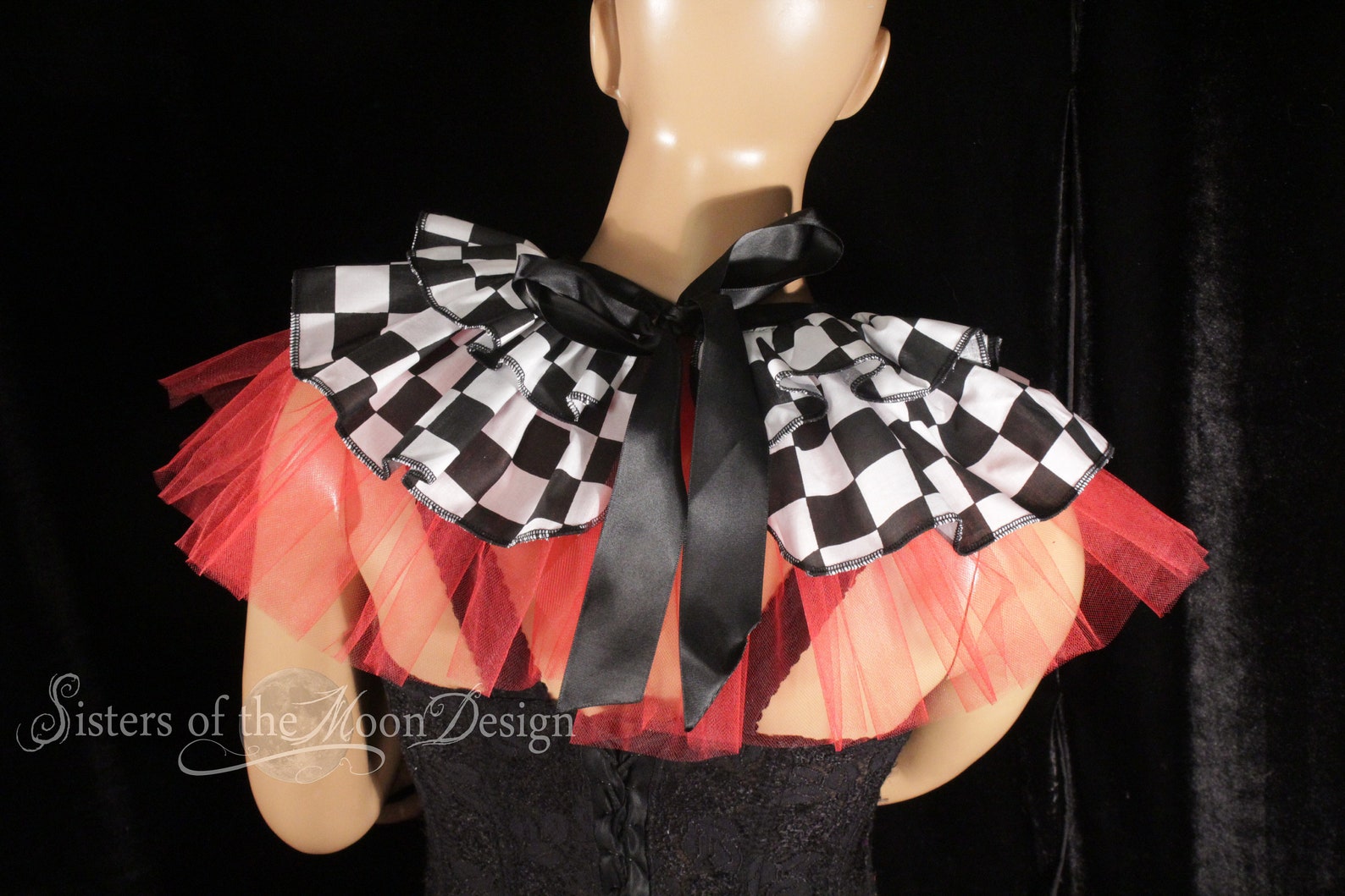 Checkered Clown Neck Collar Three Layer Ruff Red Black White Neck Cuff ...