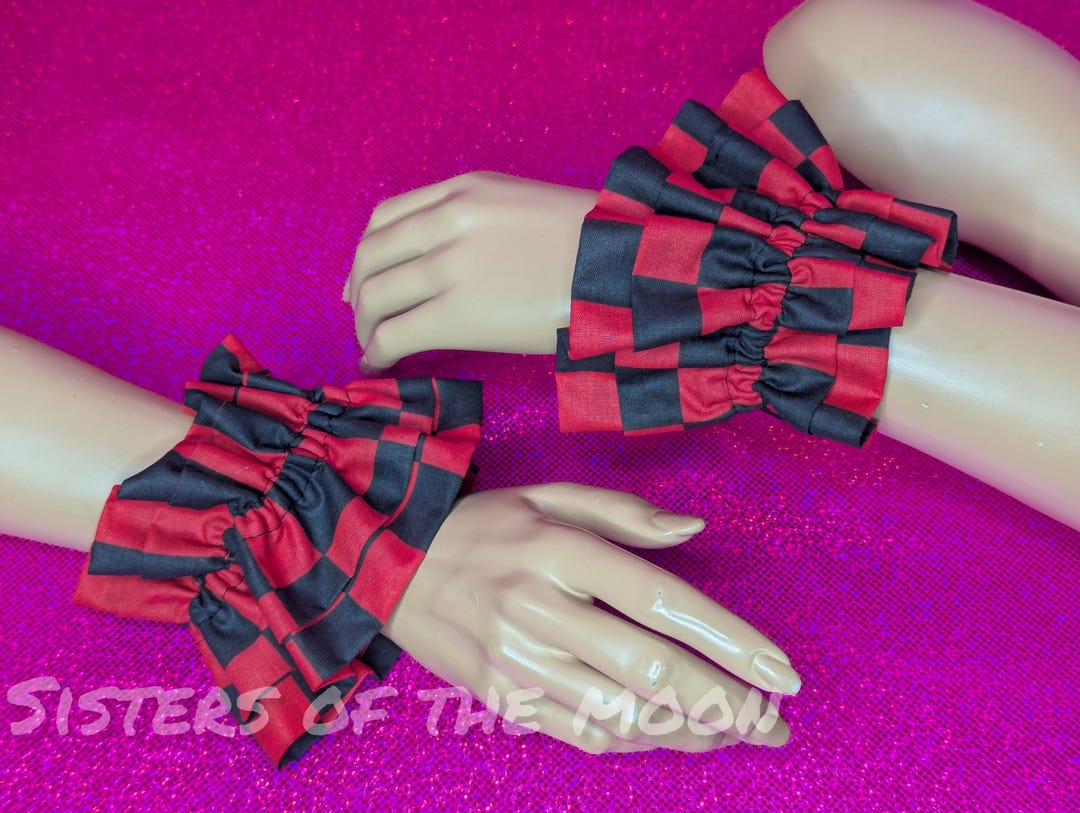 Checkered Red & Black Ruffle Wrist Cuffs Bands Wristlets Clowncore ...