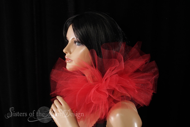 Red Neck Collar Three Layer Tulle Ruff Cuff Clown Jester Ruffle Goth ...