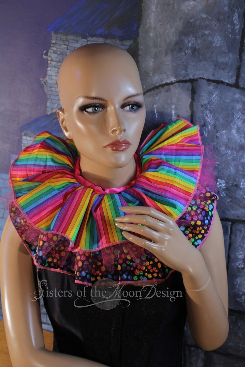 Pink Rainbow Neck Collar Three Tier Clown Ruffle Checkered & Polka-dot ...