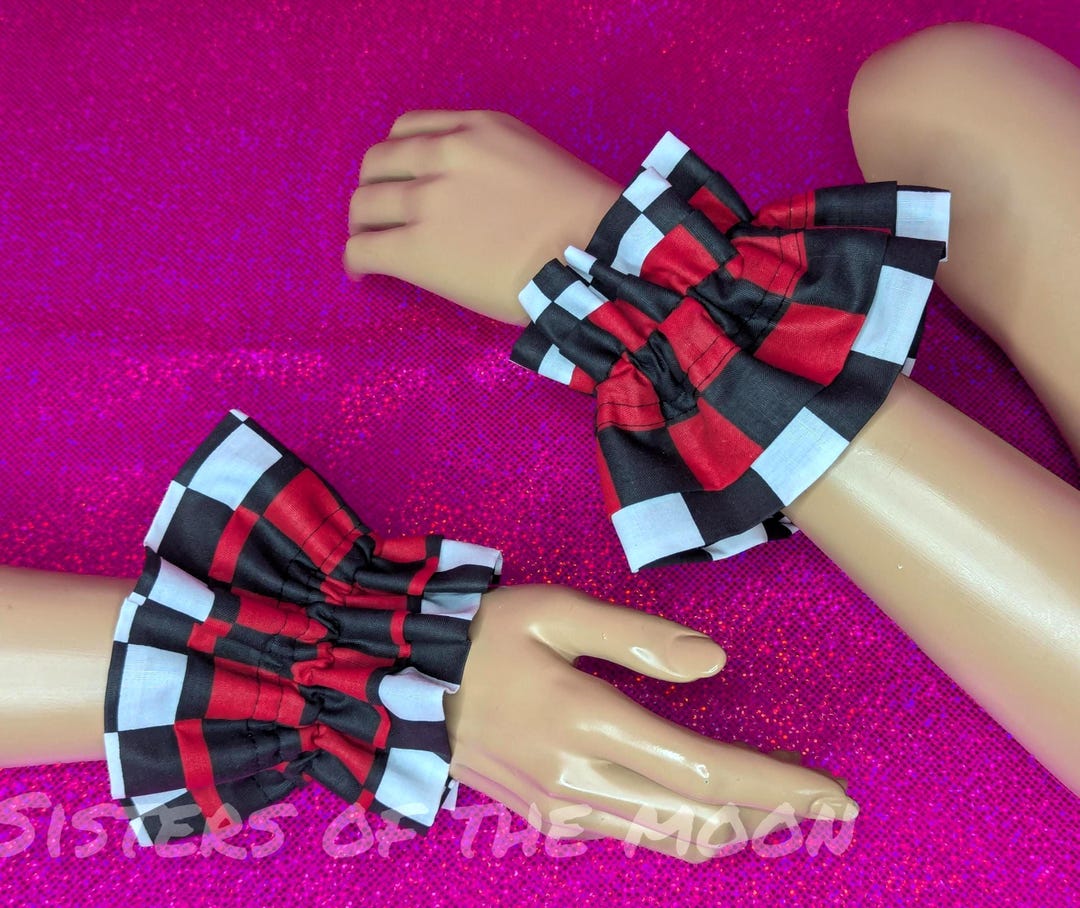Checkered White & Red Ruffle Wrist Cuffs Bands Wristlets Clowncore ...