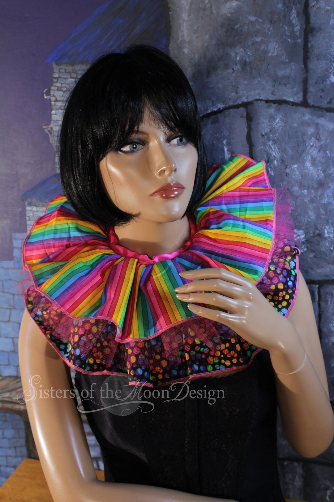 Pink Rainbow Neck Collar Three Tier Clown Ruffle Checkered & Polka-dot ...