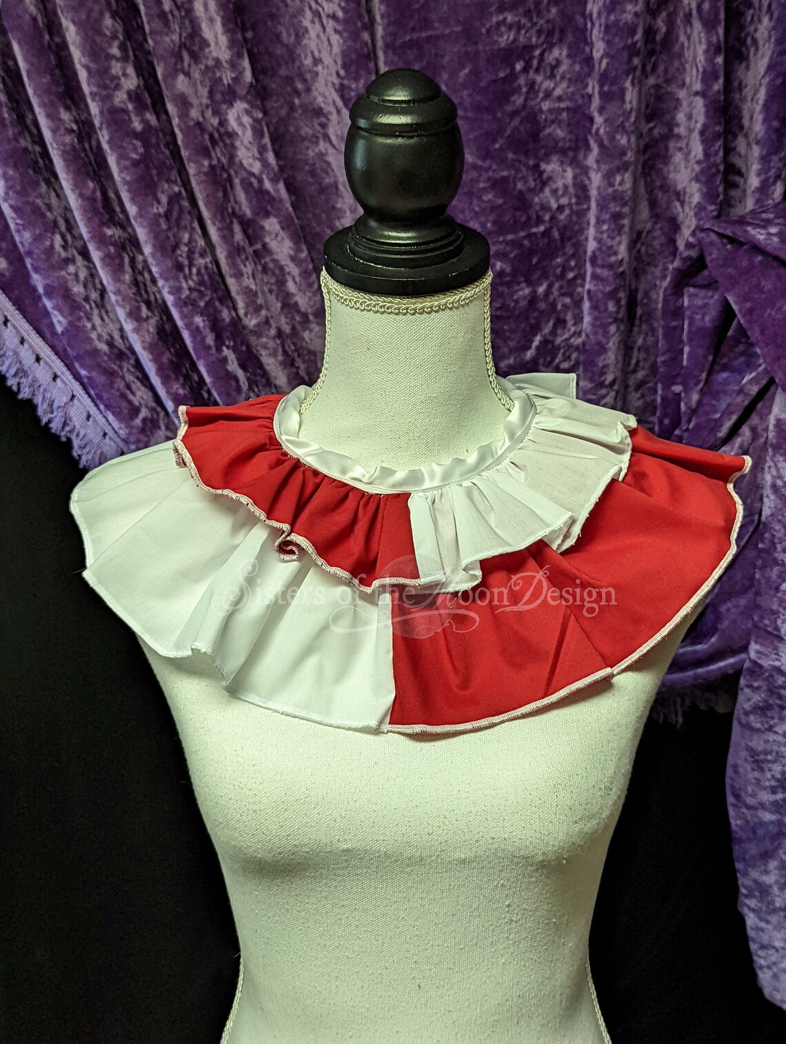 White Red Harlequin Clown Neck Collar Neck Ruff Ruffle Two Tone Ribbon ...