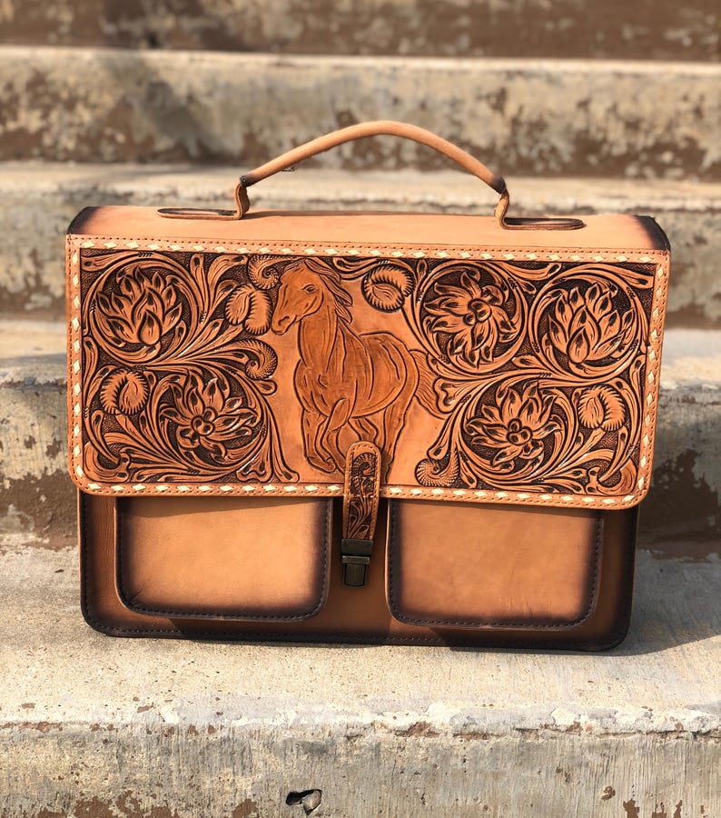 Western-style Burn Tooled Horse Leather Briefcase - Etsy