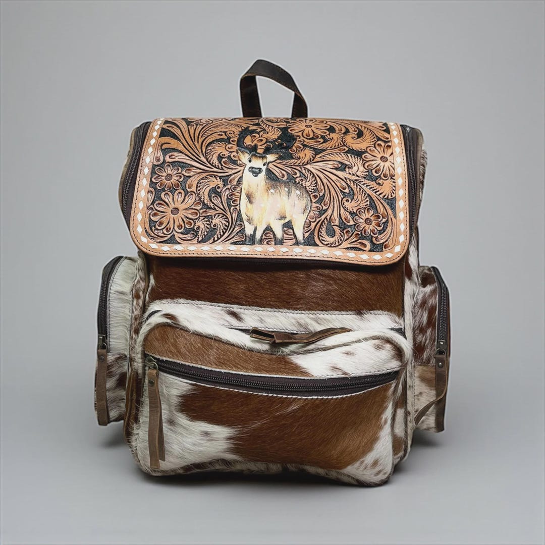 Deer Tooled Leather & Cowhide Backpack - Exclusive Western Style Hair ...