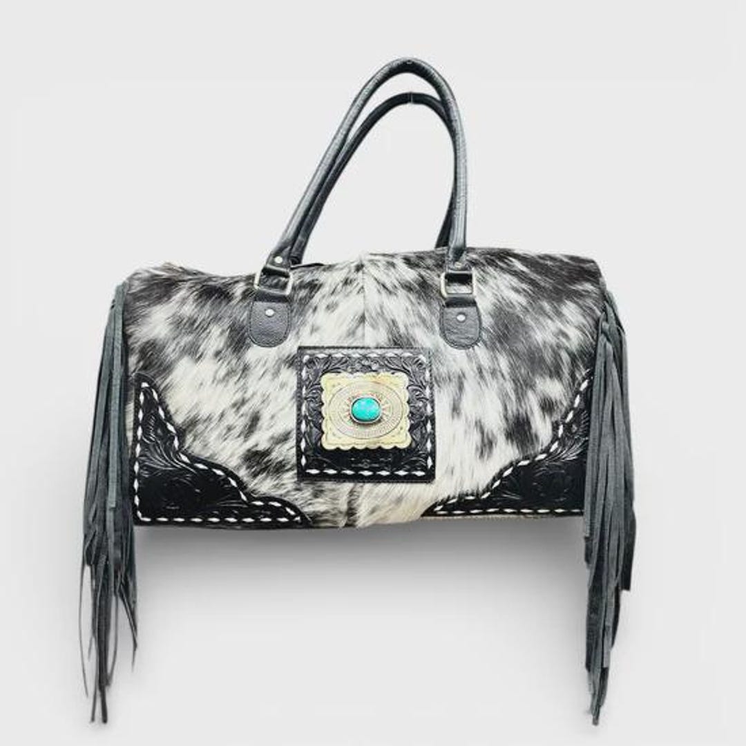 Genuine Cowhide & BLACK Tooled Leather Duffle Bag - Western Style Bag ...