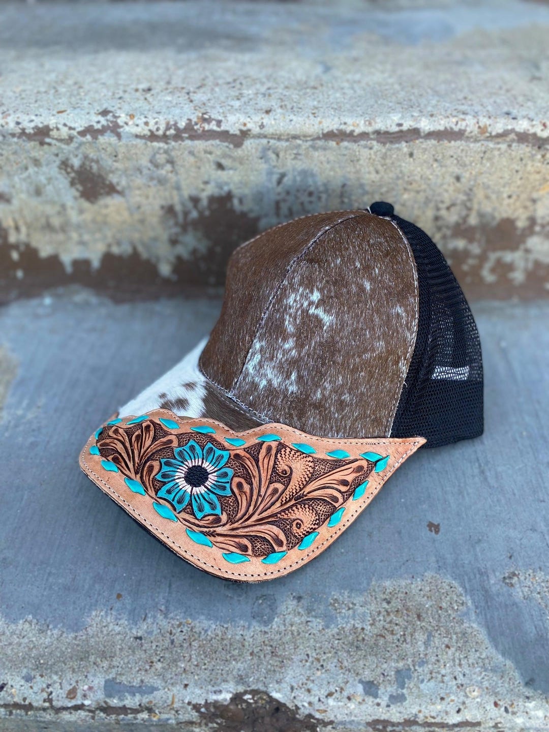 Turquoise Flower Cowhide Cap - Half-tooled Western Style Leather Cap - Etsy