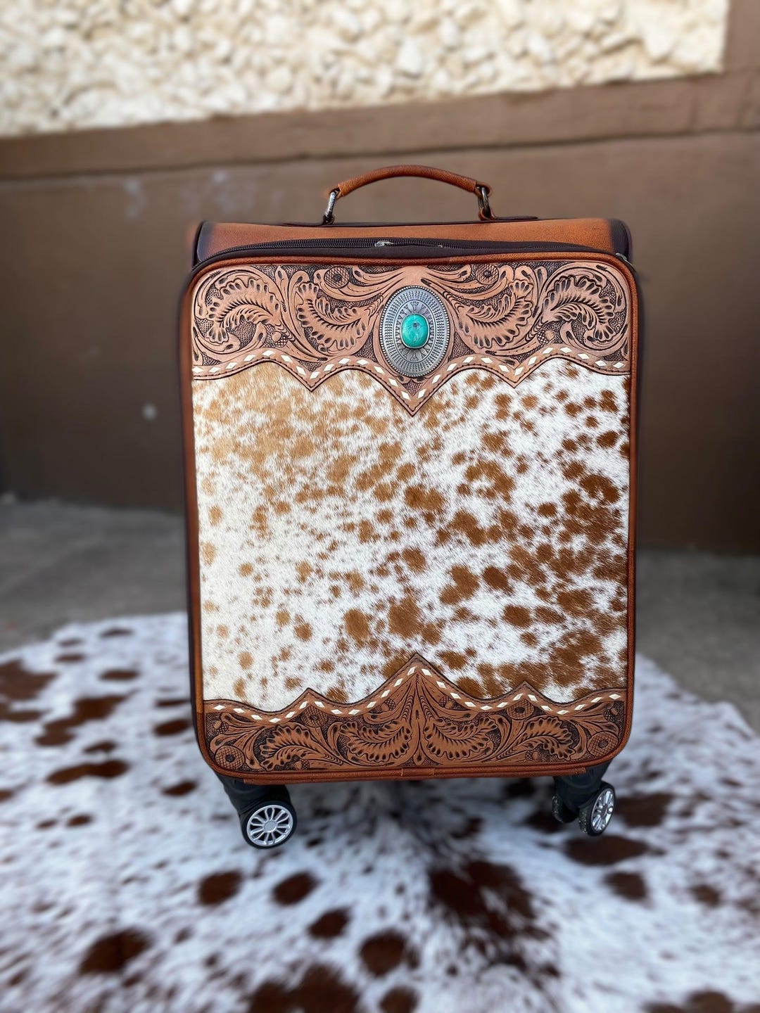 Medium Burn Leather Cowhide Rolling Suitcase - Western Inspired - Etsy