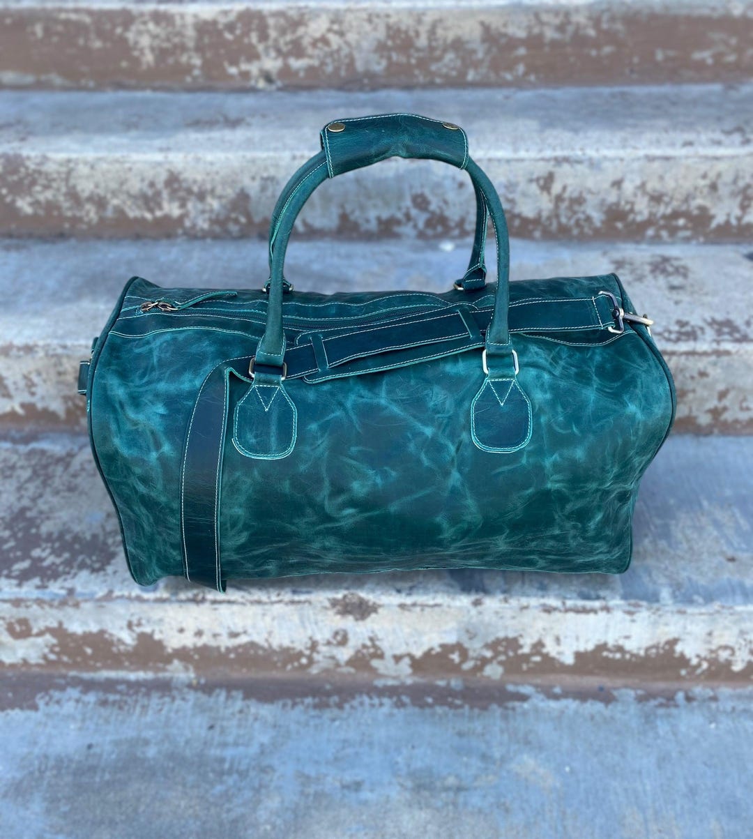 Large Emerald Green Leather Duffle Bag With Rustic Charm - Etsy