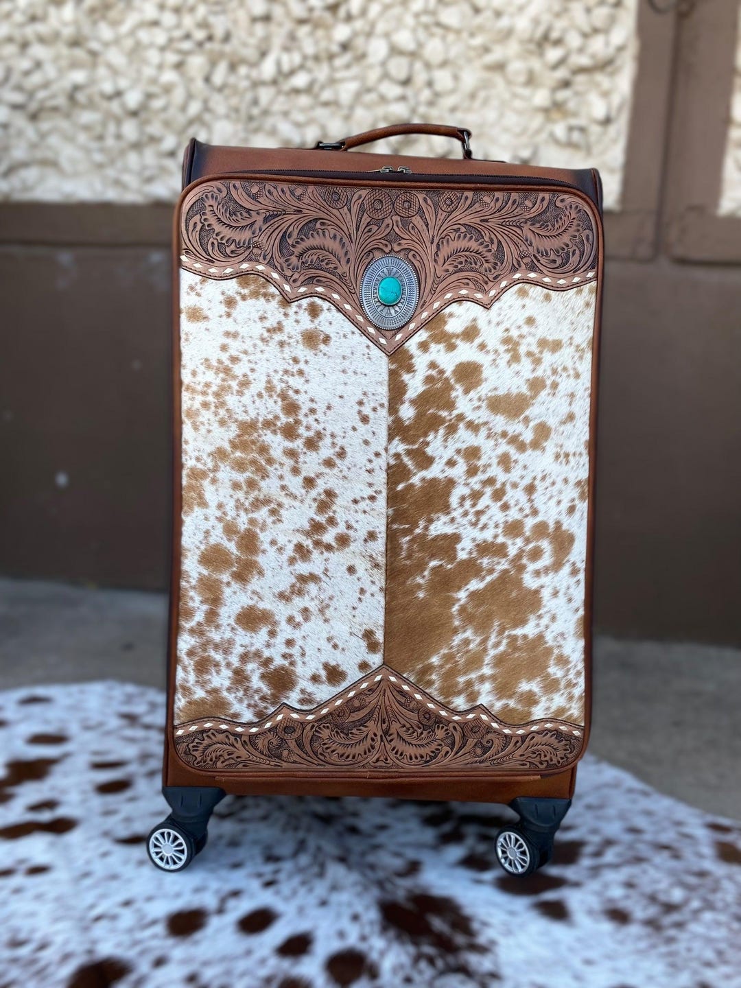 Luxury Cowhide Leather Rolling Luggage - Large Burn Finish - Etsy