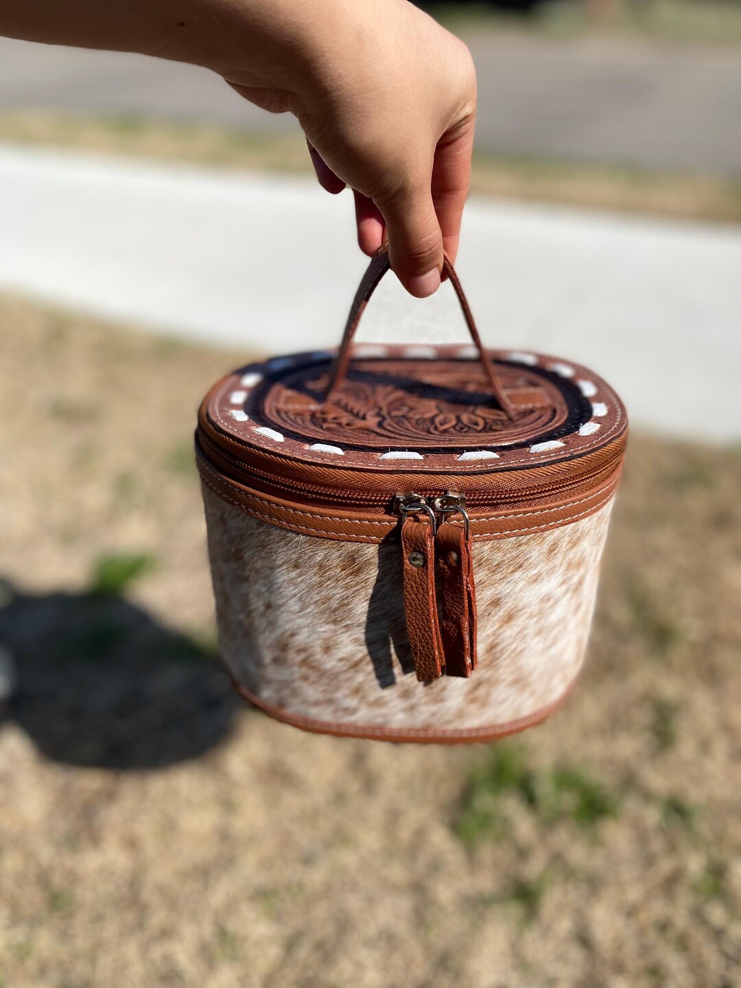 Mini Round Cowhide Leather Jewelry Box With Tooling - Etsy