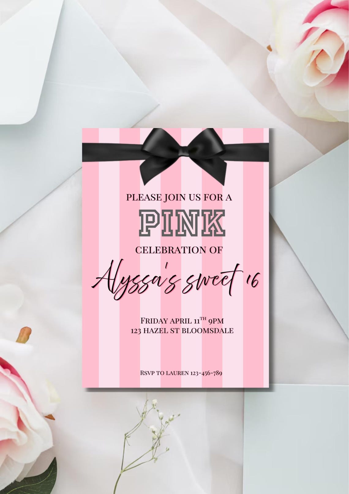 Victoria's Secret Inspired Invitation, Pink Stripes Party (digital ...