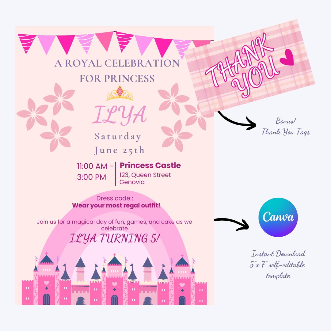Princess Themed Birthday Invitation Canva Template - Etsy