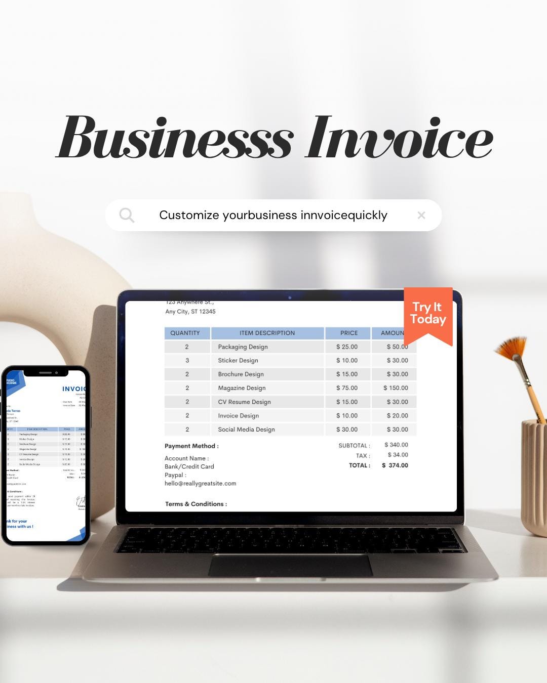 Editable Invoice Template for Small Business Logo,instant Download ...