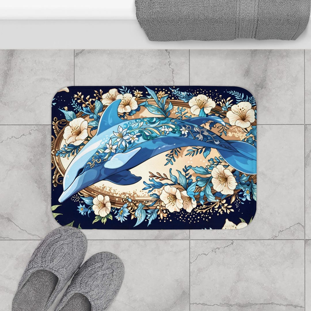 Floral Dolphin Bath Mat - Nautical Ocean-inspired Rug | Beach House ...