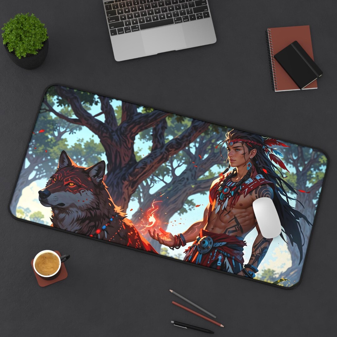 Tribal Wolf Desk Mat, Ethnic Decor for Home Office, Red Gaming, Unique ...