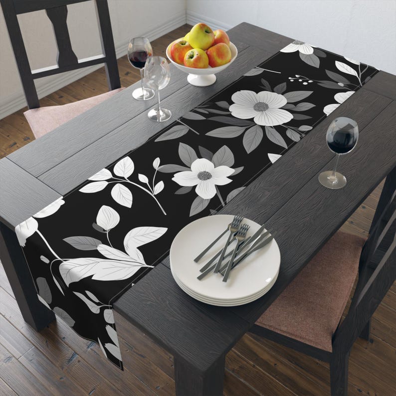 Elegant Floral Table Runner, Black Modern Home Decor, Wedding Reception ...