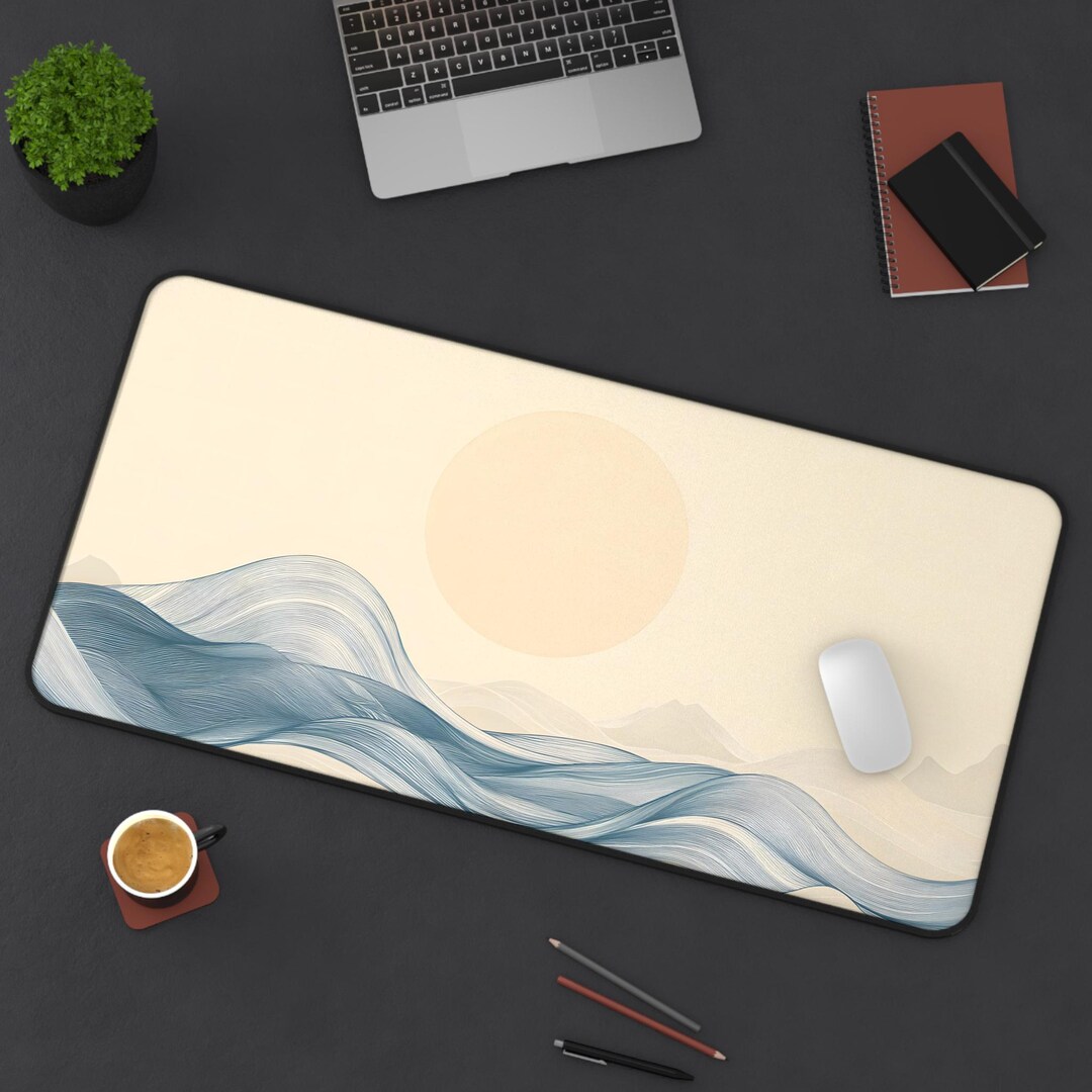 Abstract Wave Desk Mat, Azure and Cream Modern Workspace Mouse Pad - Etsy