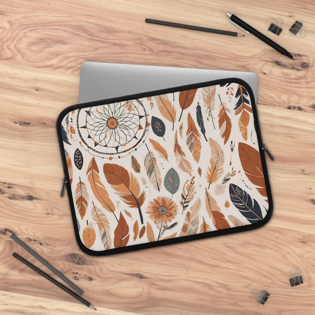 Boho Chic Laptop Sleeve, Bohemian Feather 13" Tablet Case, Stylish Tech ...