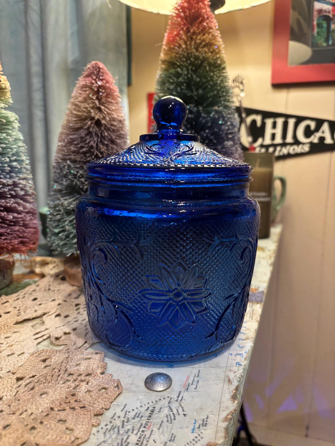 Cobalt Blue Sandwich Glass Biscuit Jar Tiara Ware Vintage - FREE ...