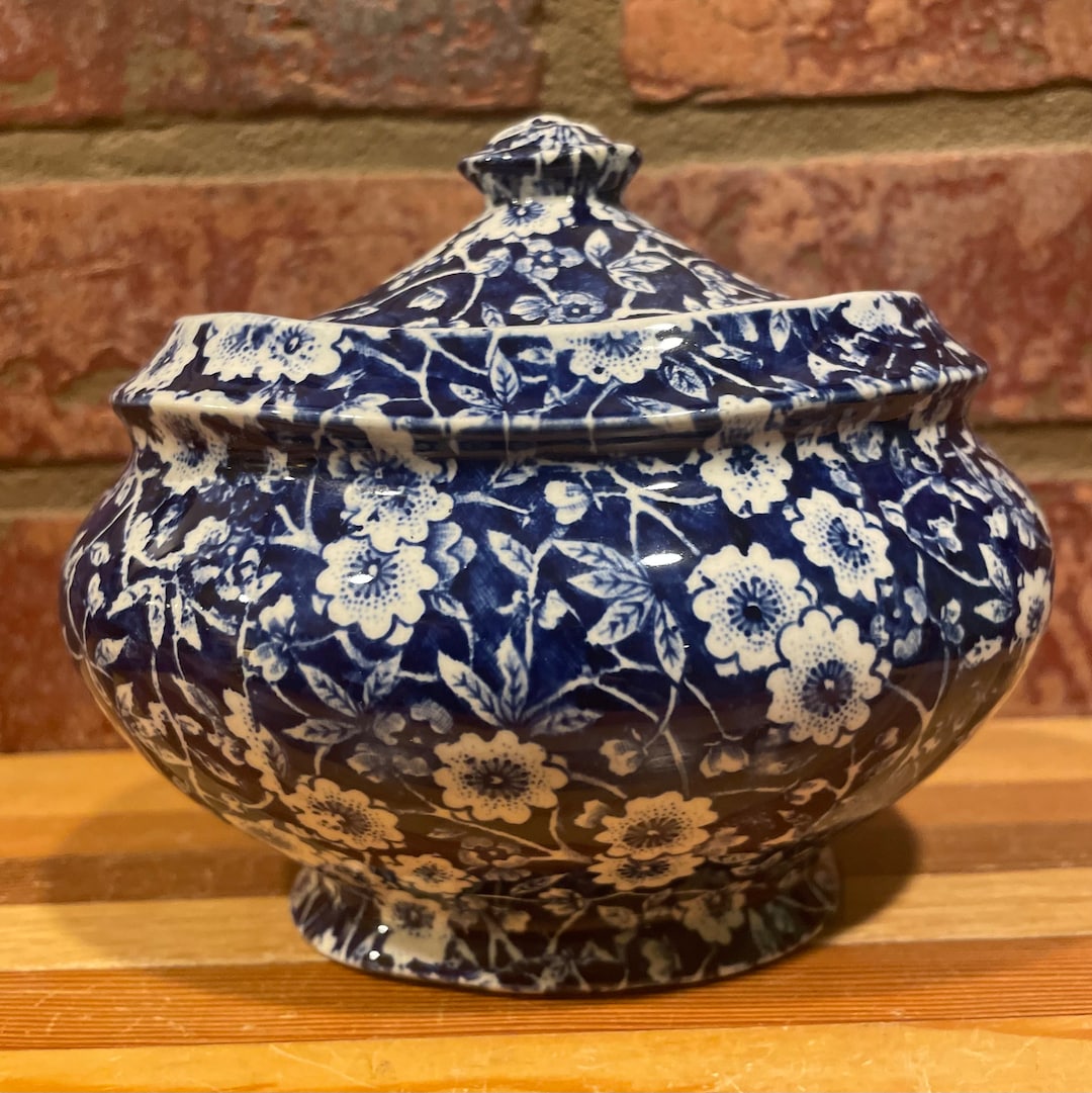 RARE Burleigh Ironstone Staffordshire "calico" Large Lidded Sugar Bowl ...
