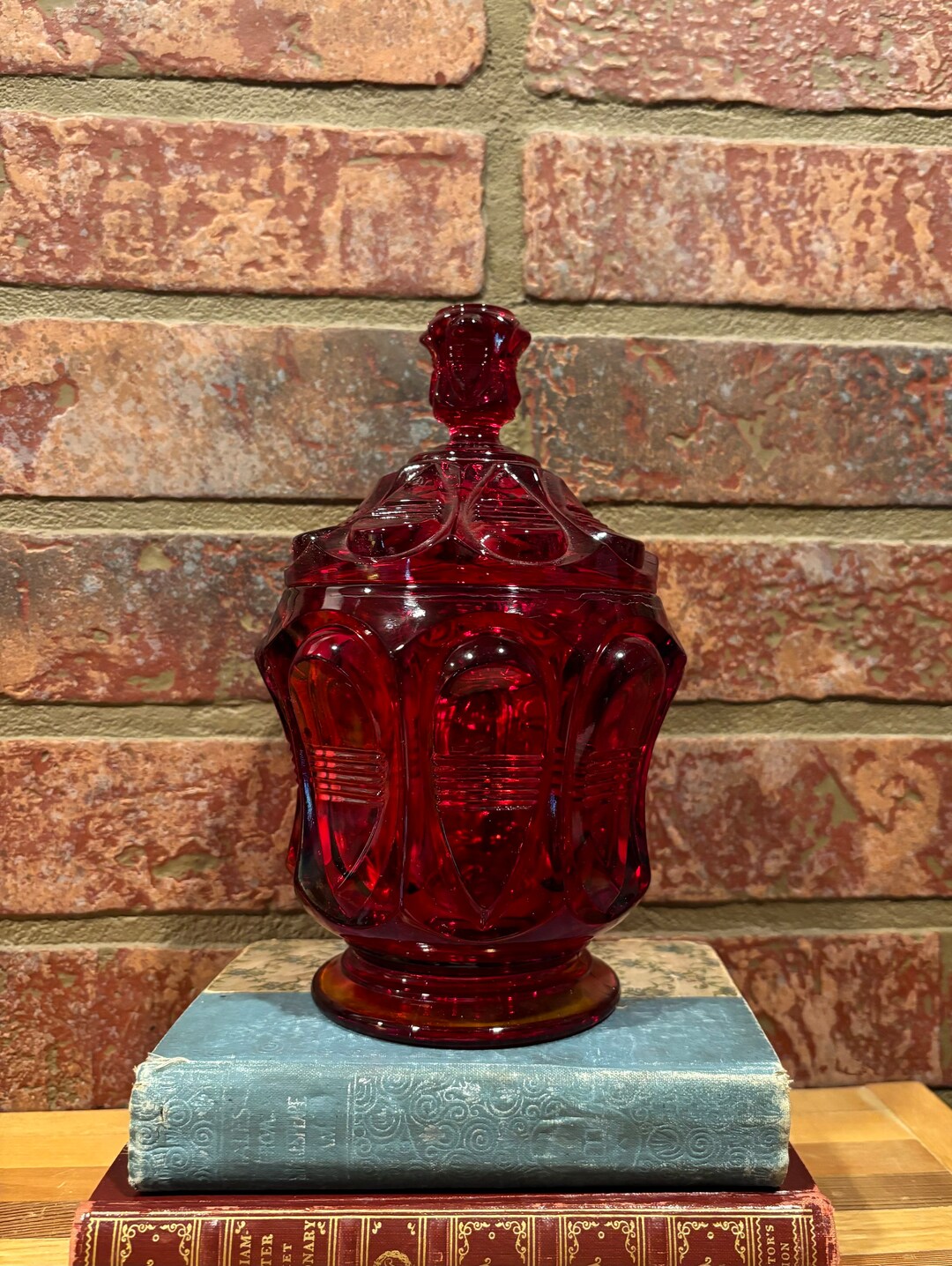 Fancy Fenton Ruby Red Glass Oval Candy Dish With Lid Barred Oval Design ...
