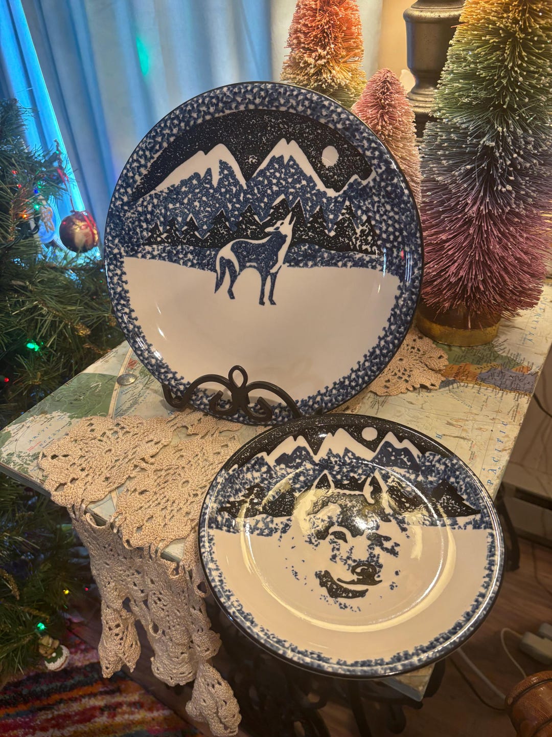 Vintage Folk Art Stoneware Wolf Plates by Tienshan Mountains - Sponge ...