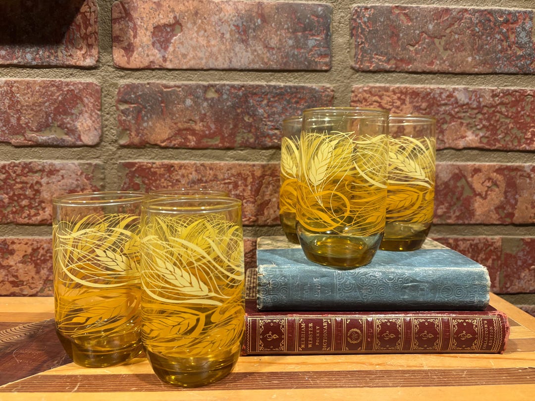 Vintage Set of 6 Anchor Hocking Amber Wheat Pattern Juice Glasses -FREE ...
