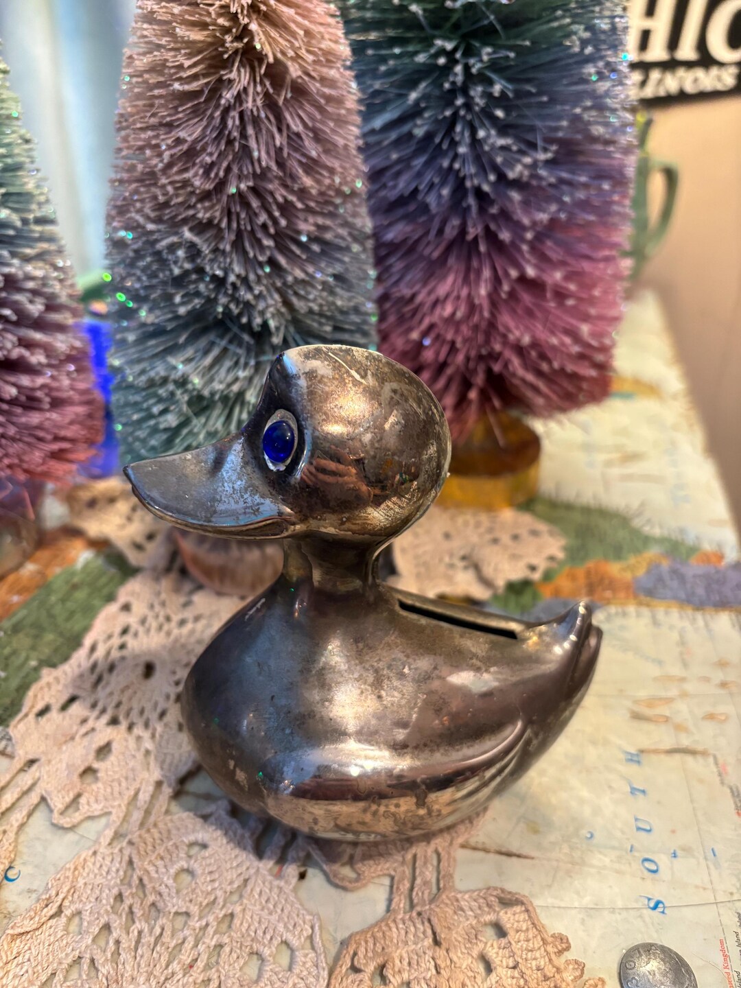 Vintage Duck Bank, Leonard Silver Plate With Cobalt Blue Glass Eyes ...