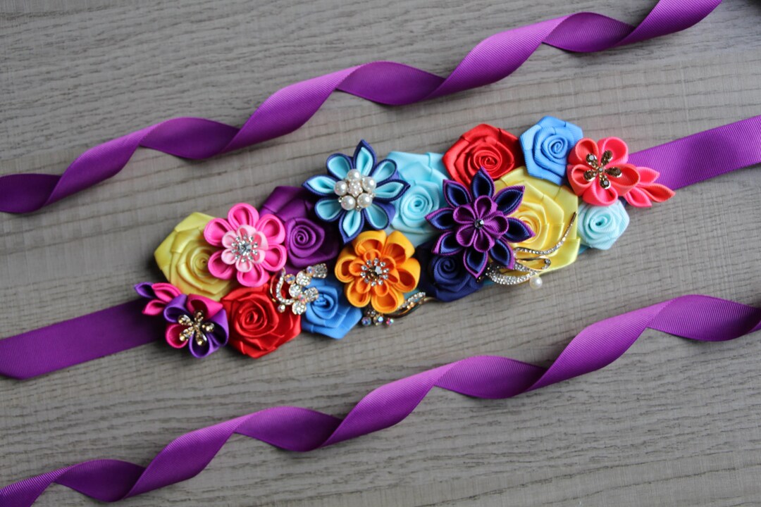 Rainbow Maternity Sash Fabric Flower Sash Baby Shower Belt Pregnancy ...
