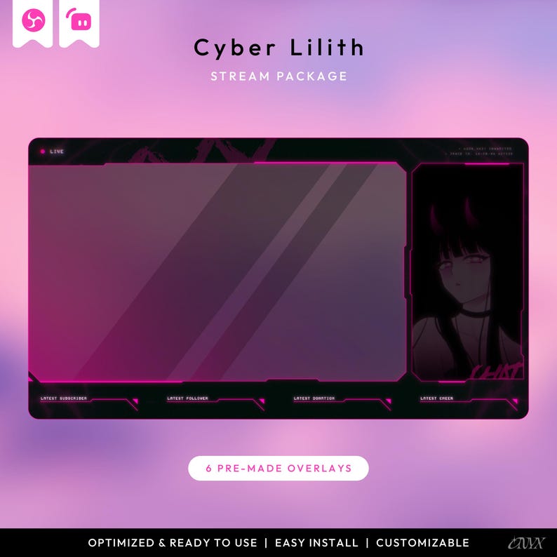 Cyber Lilith Stream Package | Anime Twitch Overlay Pack | Cyberpunk ...
